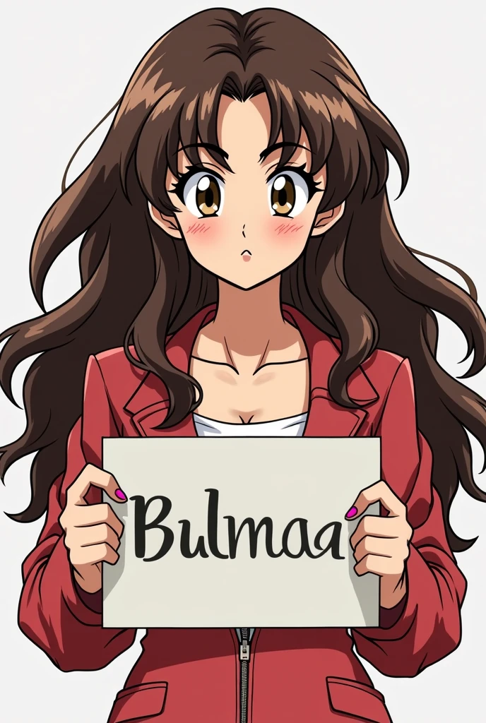 Create a full-body Dragon Ball Bulma logo, with long brown hair without ...