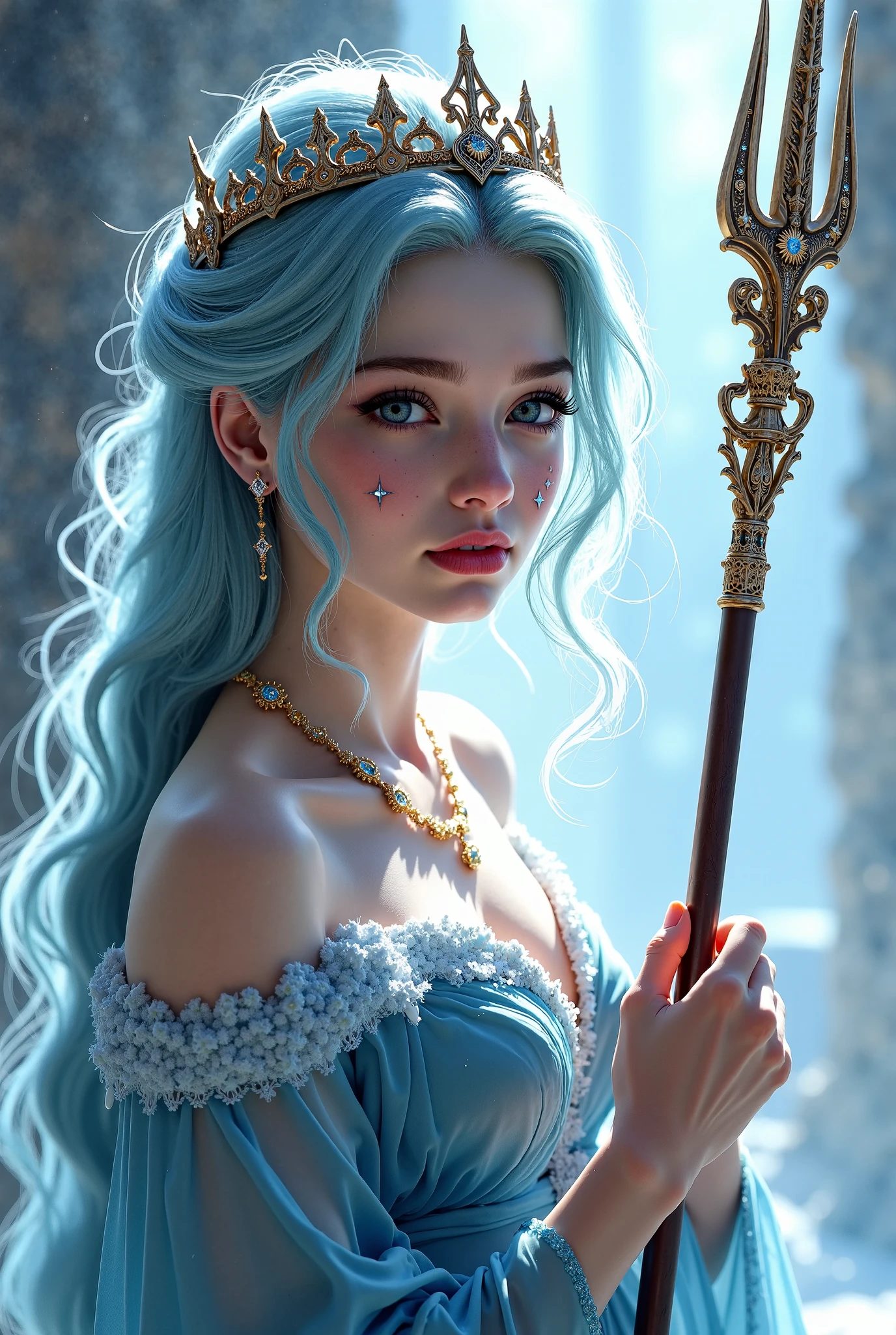 Arafed woman with blue hair and a crown holding a spear - SeaArt AI