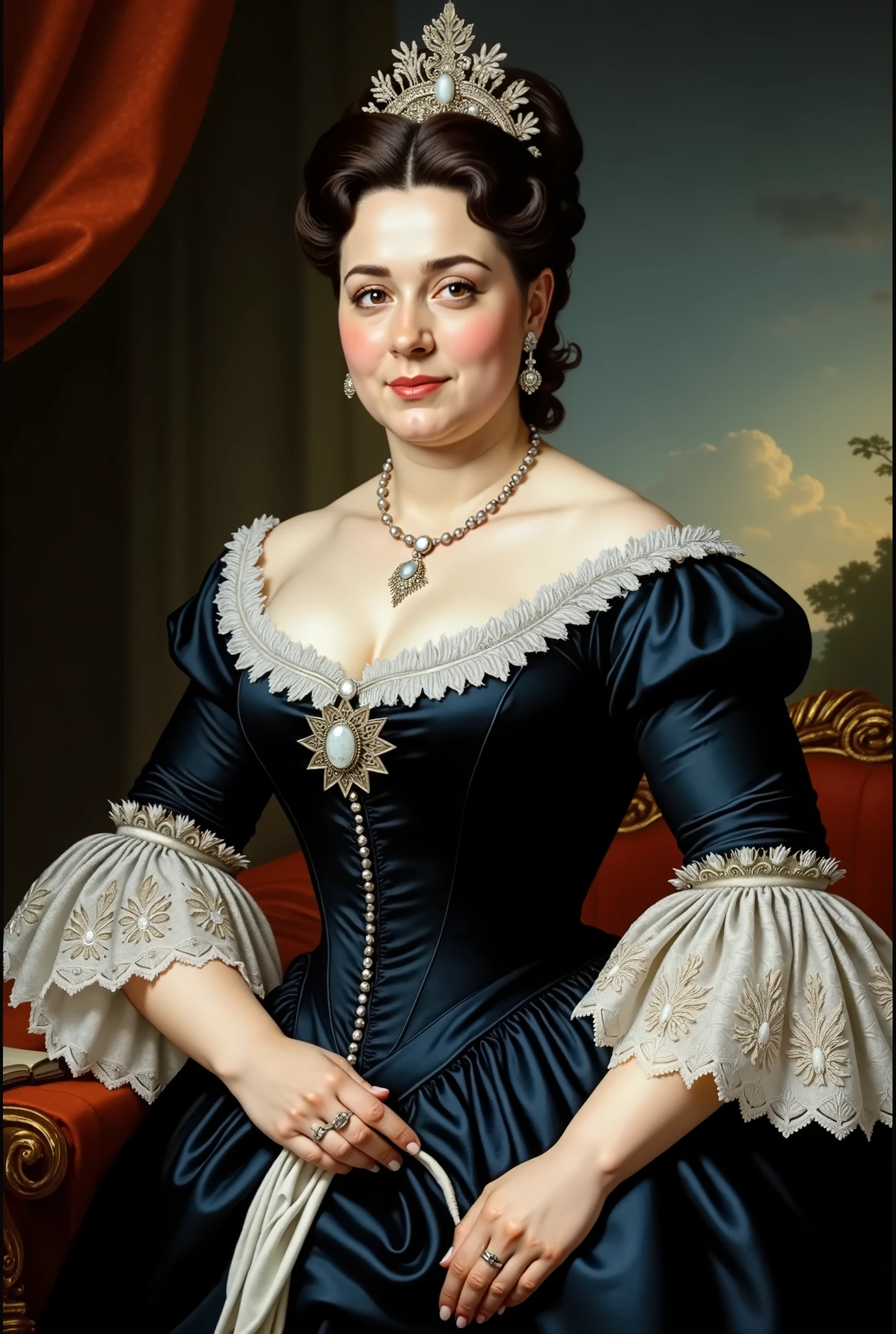 Arafed woman in a blue dress with a tiara and a pearl necklace - SeaArt AI