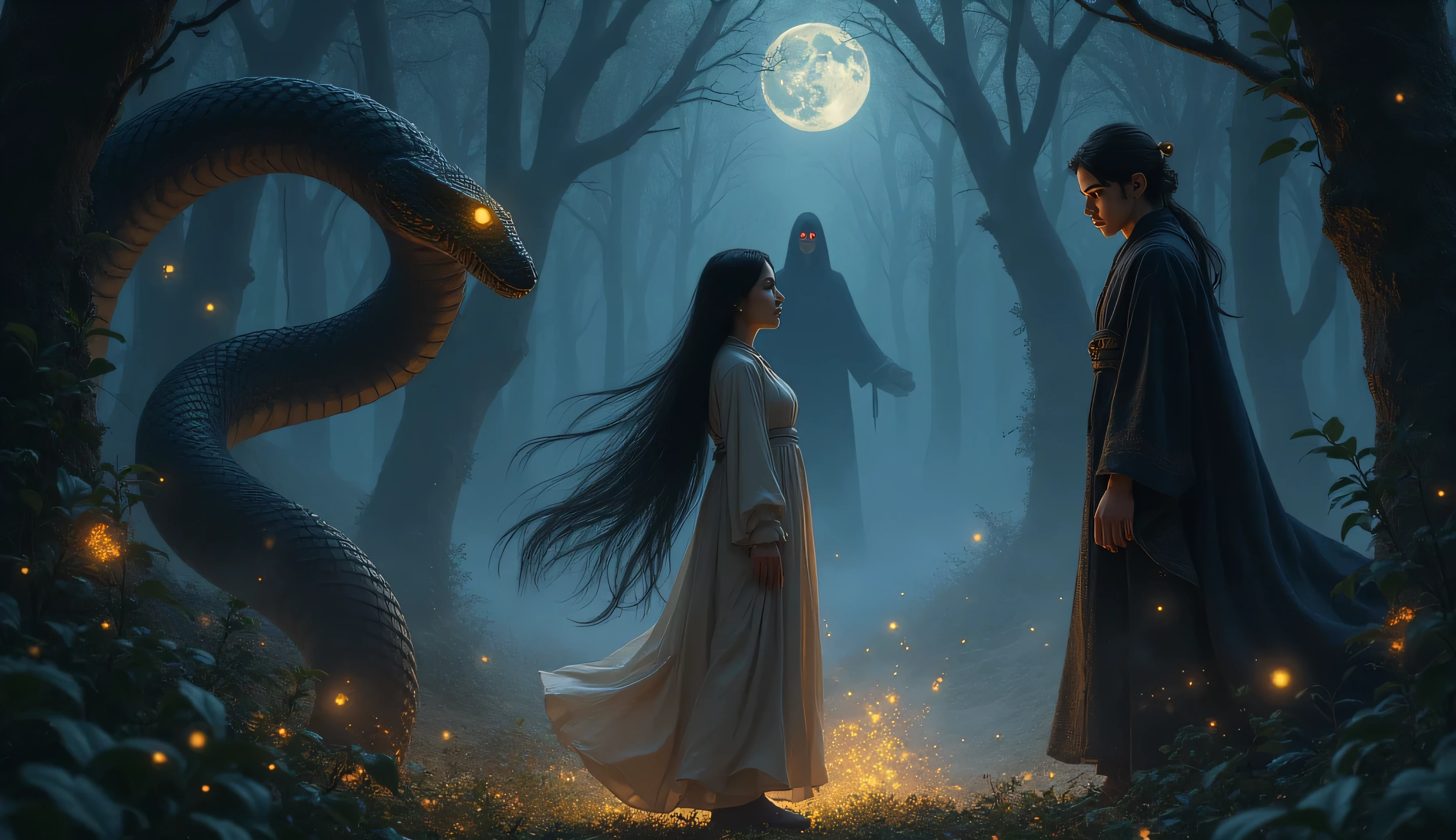 There is a woman standing next to a man in a forest - SeaArt AI