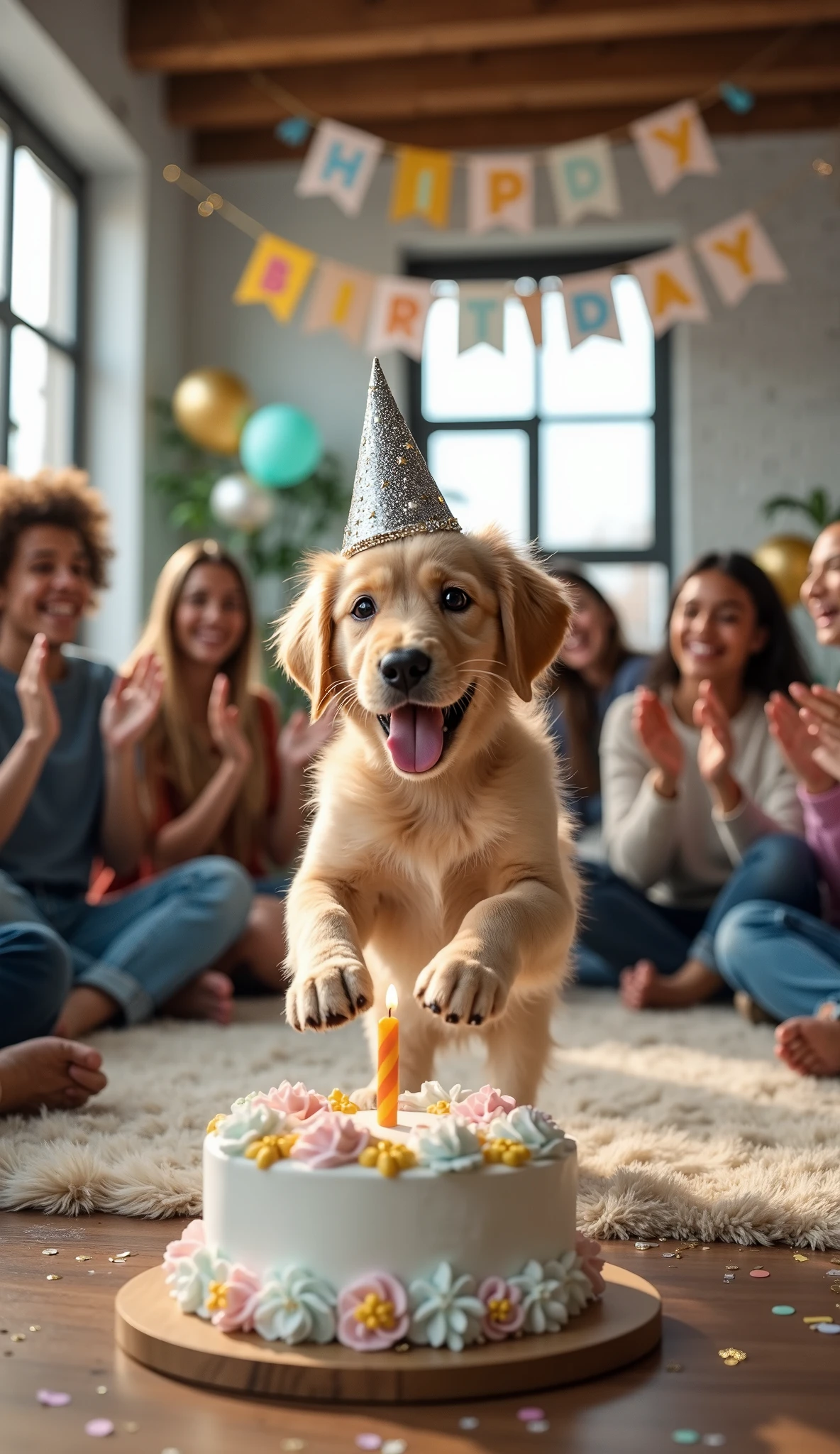 There is a dog that is jumping up to a birthday cake - SeaArt AI