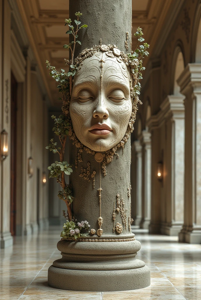 Unique Wall sculpture on pillar nature related face in a hall - SeaArt AI