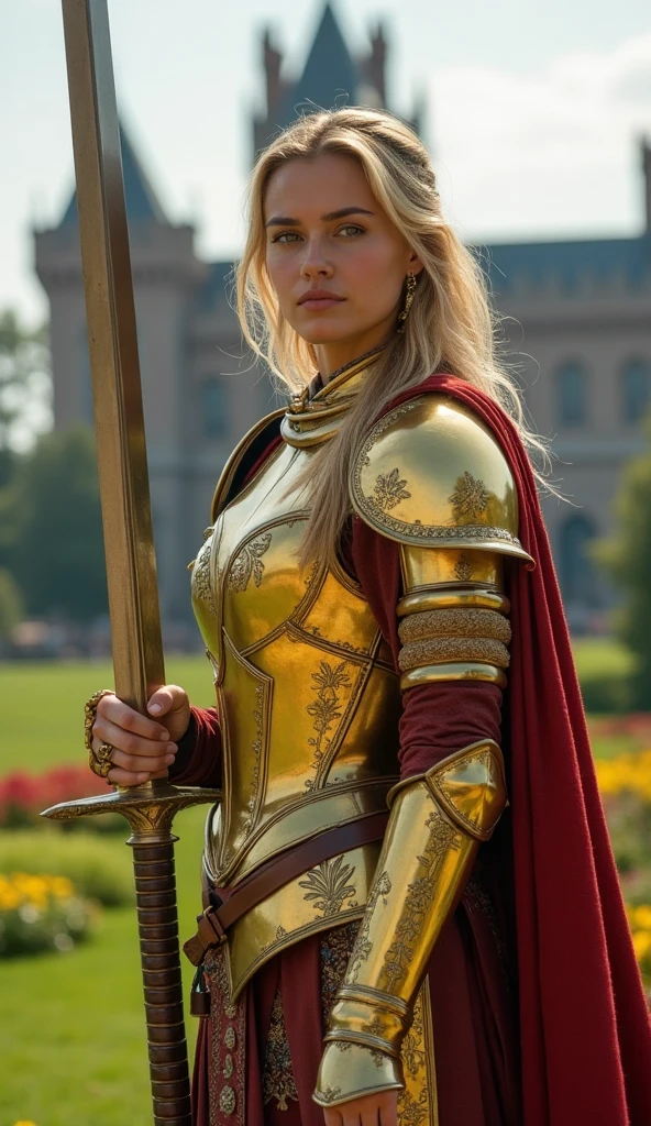 " A courageous warrior in golden armor decorated with symbols of ...