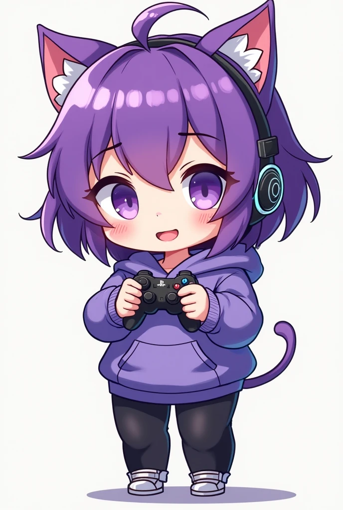 A chibi with purple hair and purple hoodie with black pants holing a ...