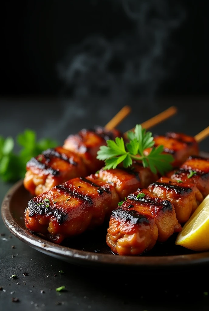 A plate of juicy, grilled kebabs with grill marks, garnished with fresh ...