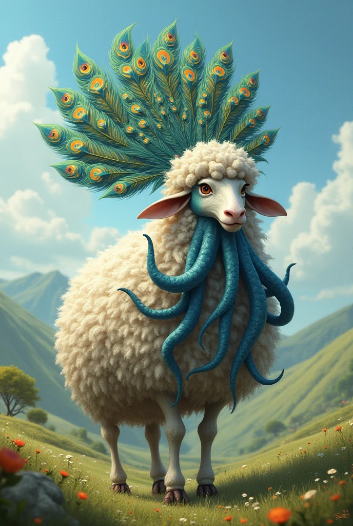 Fuge a sheep, octopus and peacock into one animal - SeaArt AI