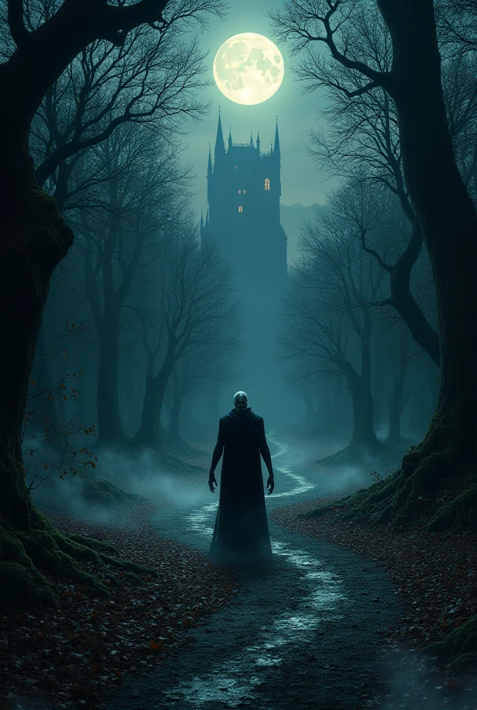 Nosferatu at a crossroads in a night forest with a full moon and castle ...