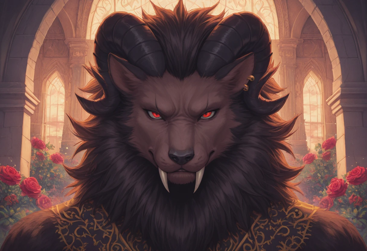 Black mane, dark brown face fur, brown fur, furry, saber-toothed ...