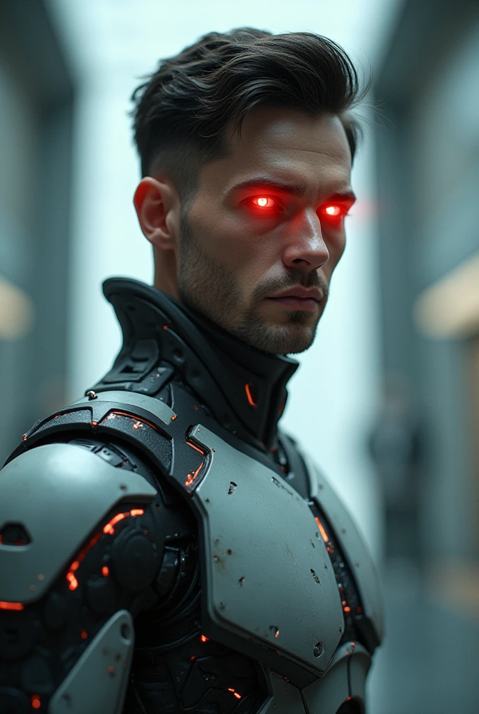 Create a male android who is a human-looking man with human skin and ...