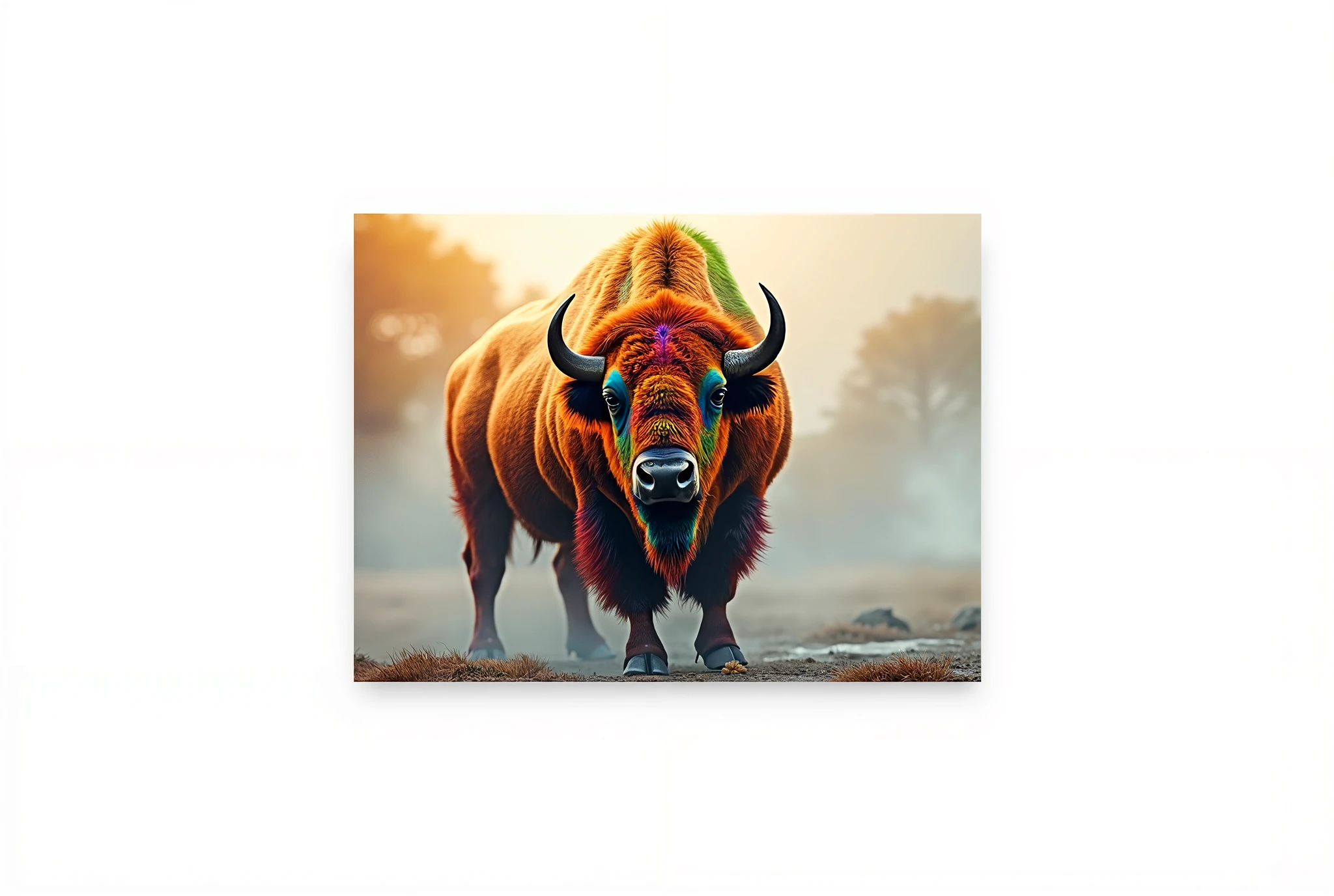 Painting of a bison in a foggy field with trees in the background ...