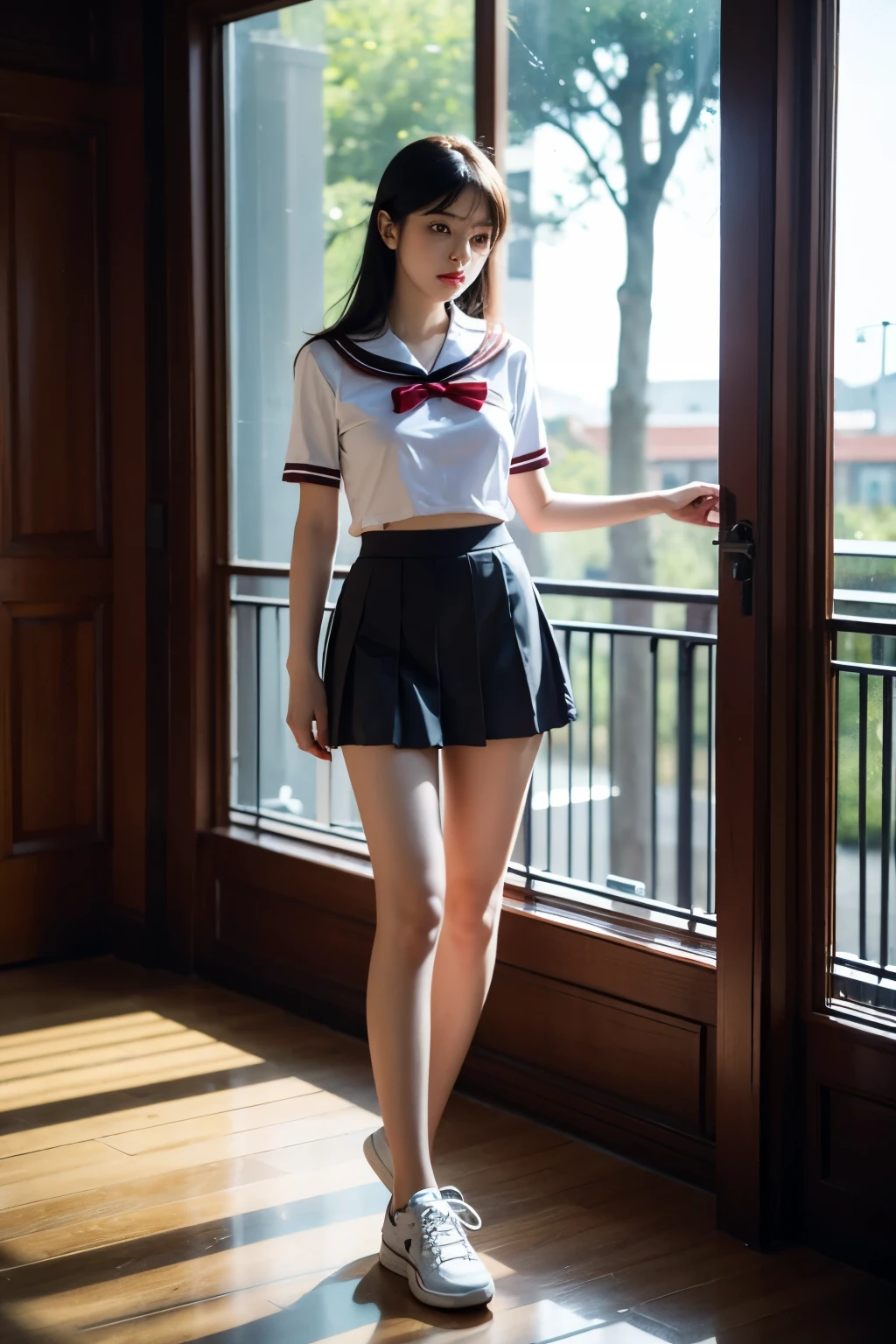 Arafed woman in a short skirt and a white shirt standing in front of a ...