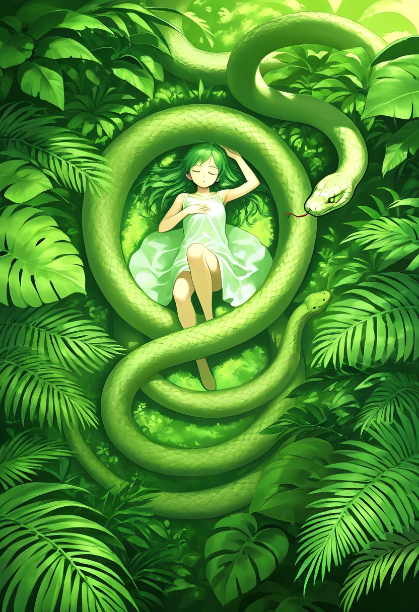 girl，lie， closed eyes ，snake，jungle， green theme ， From above - SeaArt AI