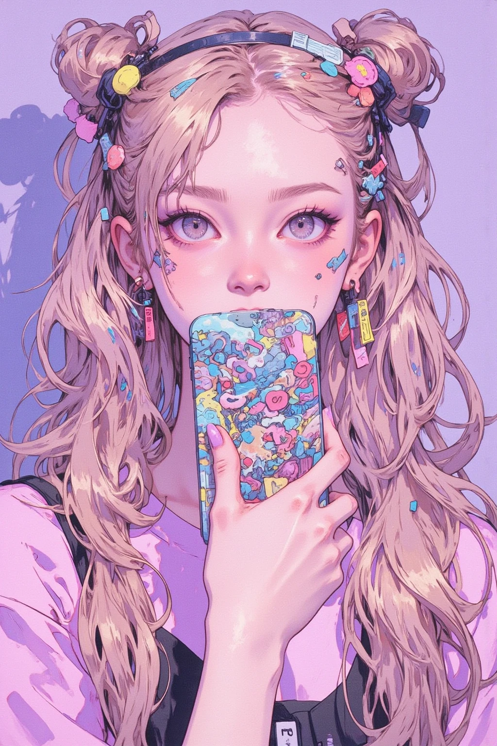 anime girl hiding her mouth with a decorated cell phone,Decora style illustrat - SeaArt AI