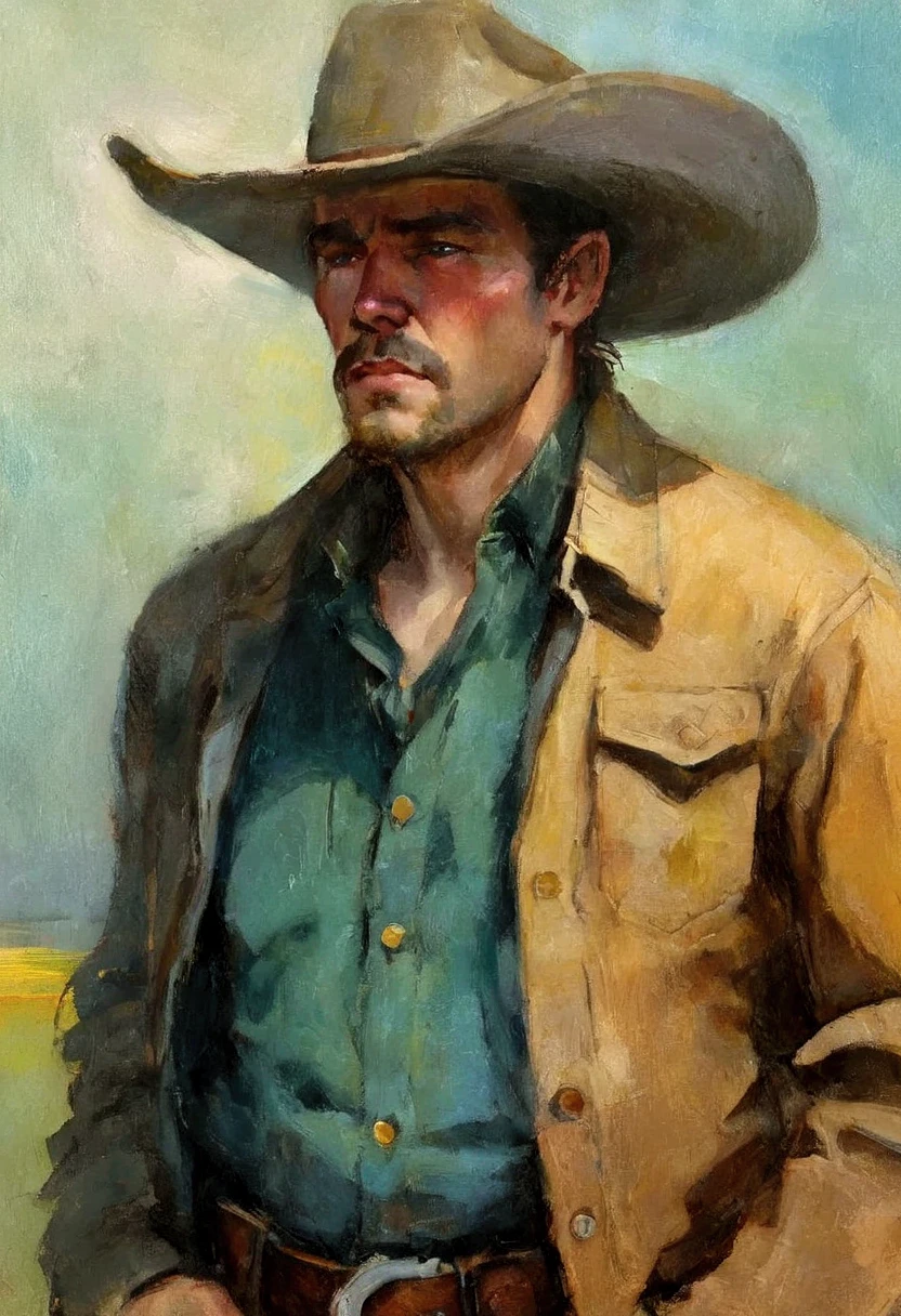 Create a bold and expressive portrait of a cowboy wearing a wide ...