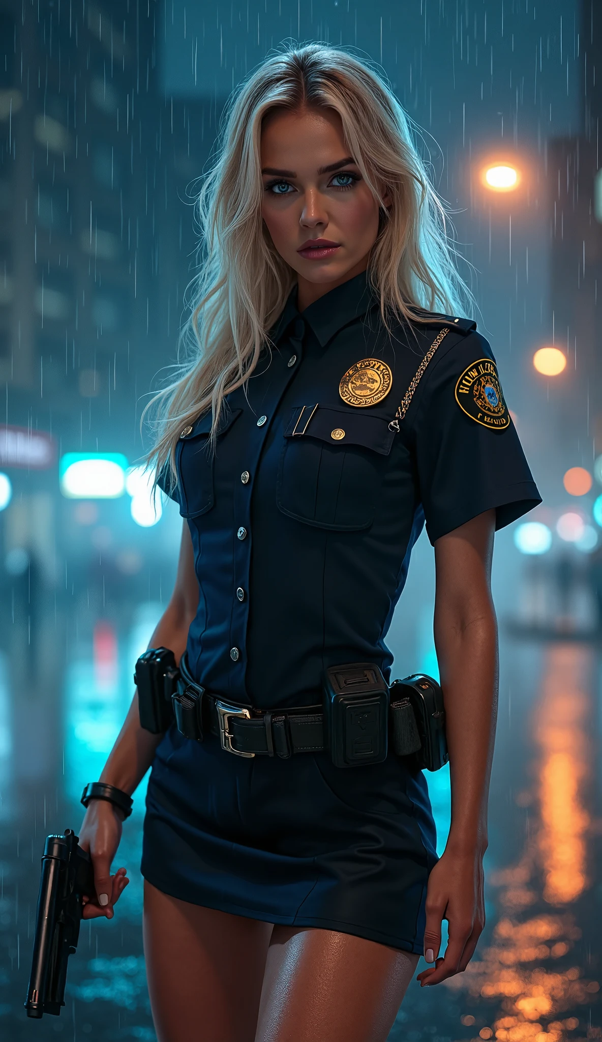 Blond woman in police uniform holding a gun in the rain - SeaArt AI