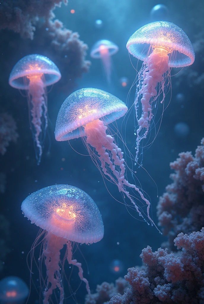 Jellyfishs floating in the ocean with a galaxy background, space ...