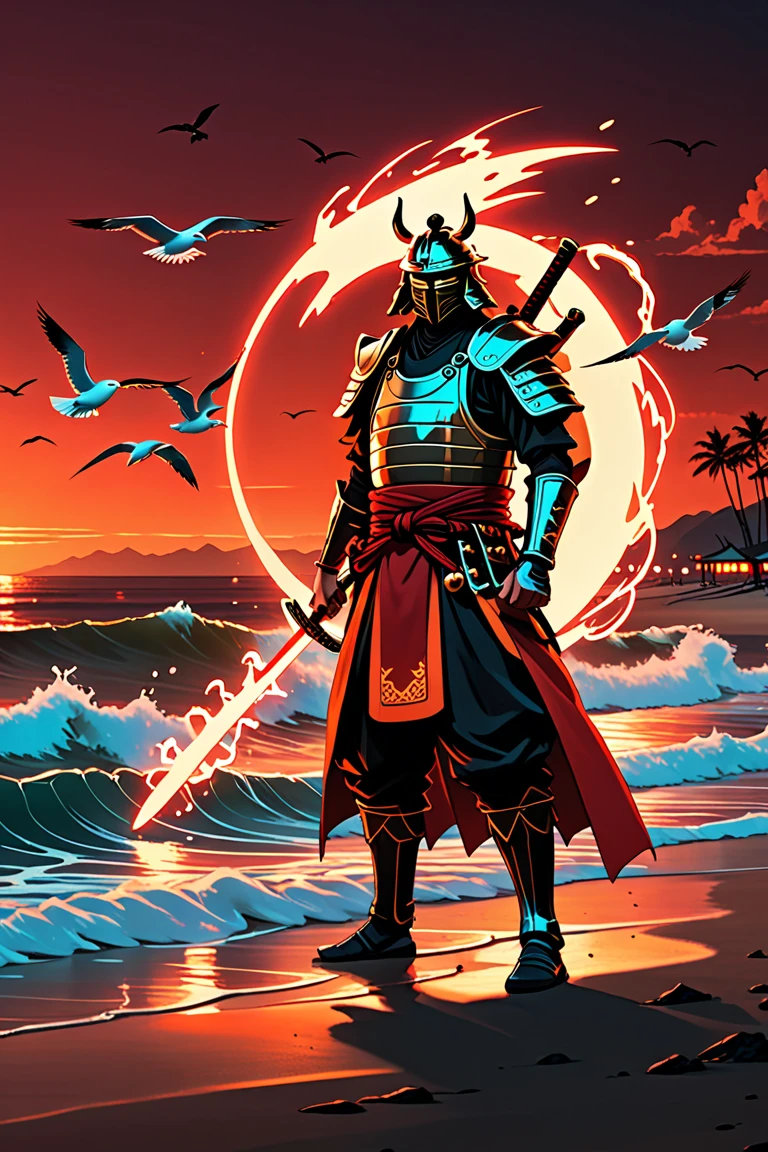 Glowneon, glowing samurai emitting sparks and electricity, dark red and ...