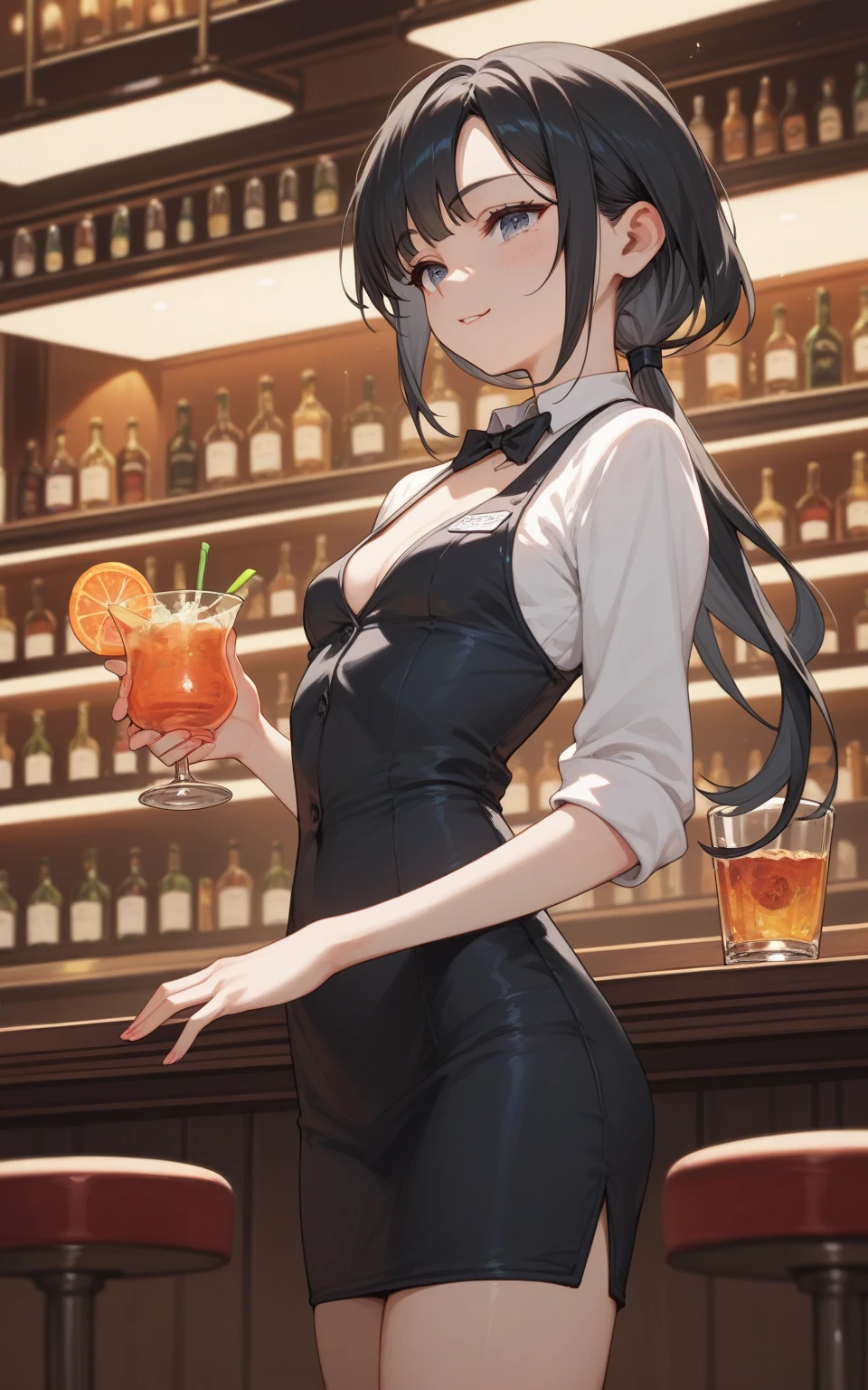 Female, black hair, grey gradation color hair, low ponytail, bar ...