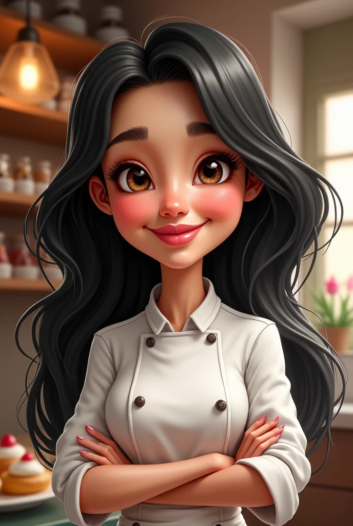 A female pastry chef but it's caricature Long Hair, Black Hair - SeaArt AI