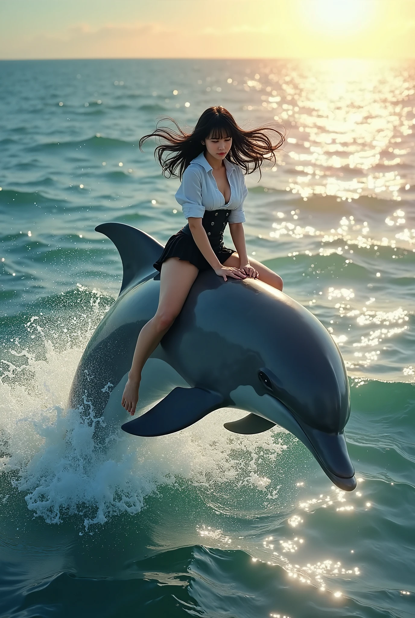 Woman riding a dolphin in the ocean with a sun setting - SeaArt AI