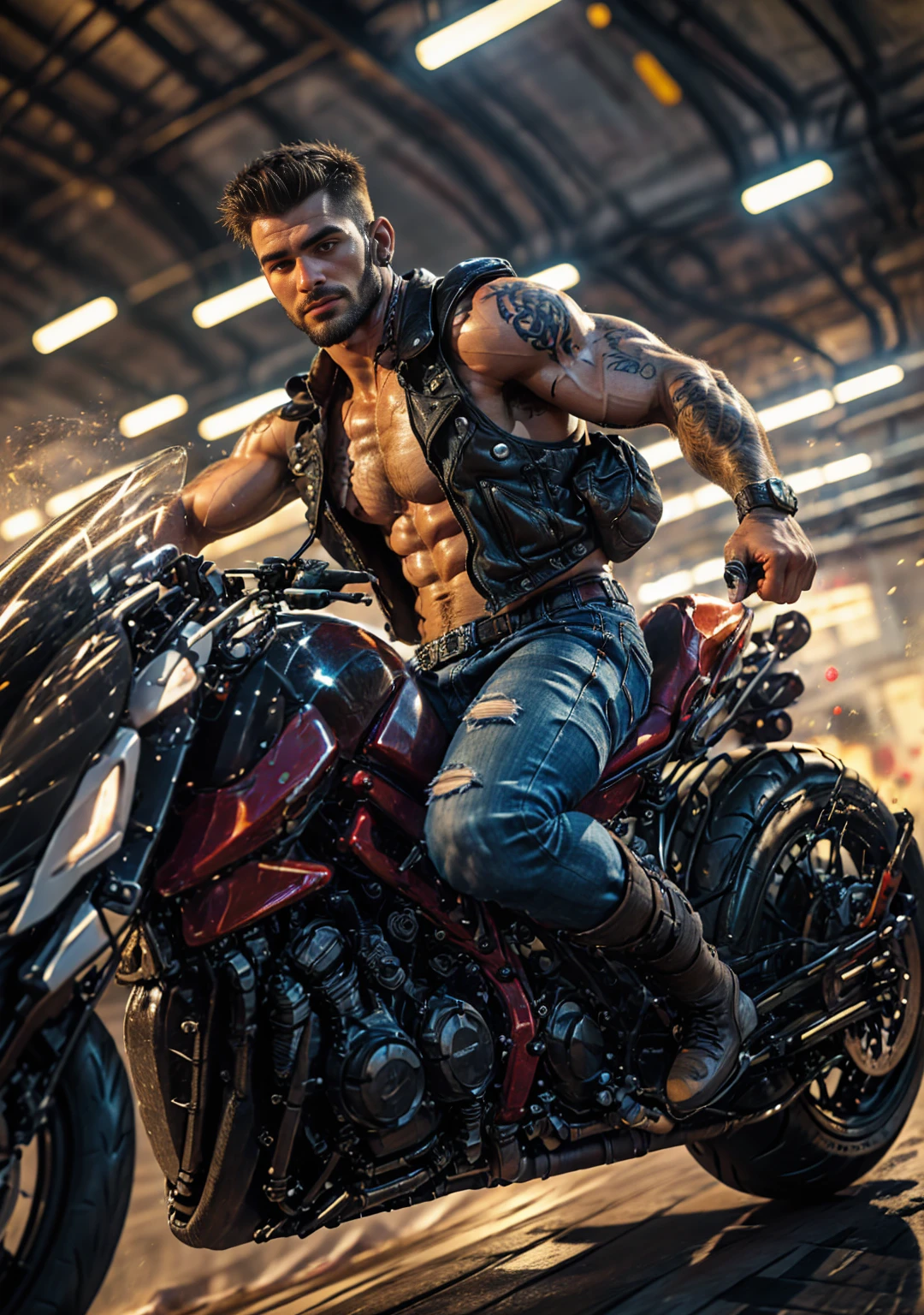 Ultra-realistic, highly detailed, chiseled young burly biker man with a ...