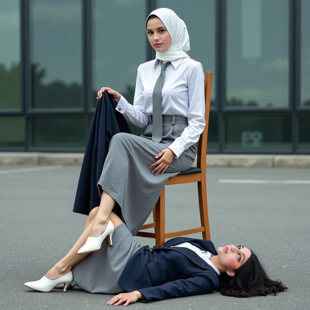 Featuring two women on asphalt against the backdrop of a modern ...