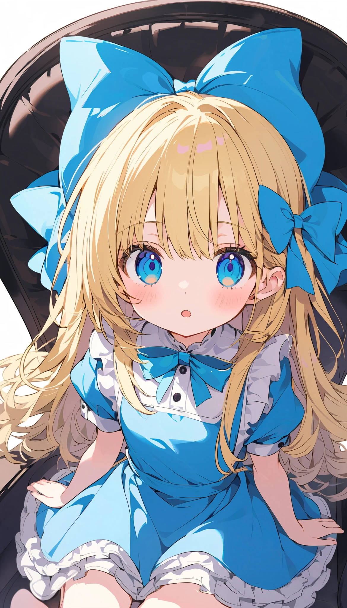 Anime girl sitting in a stroller with a blue bow - SeaArt AI