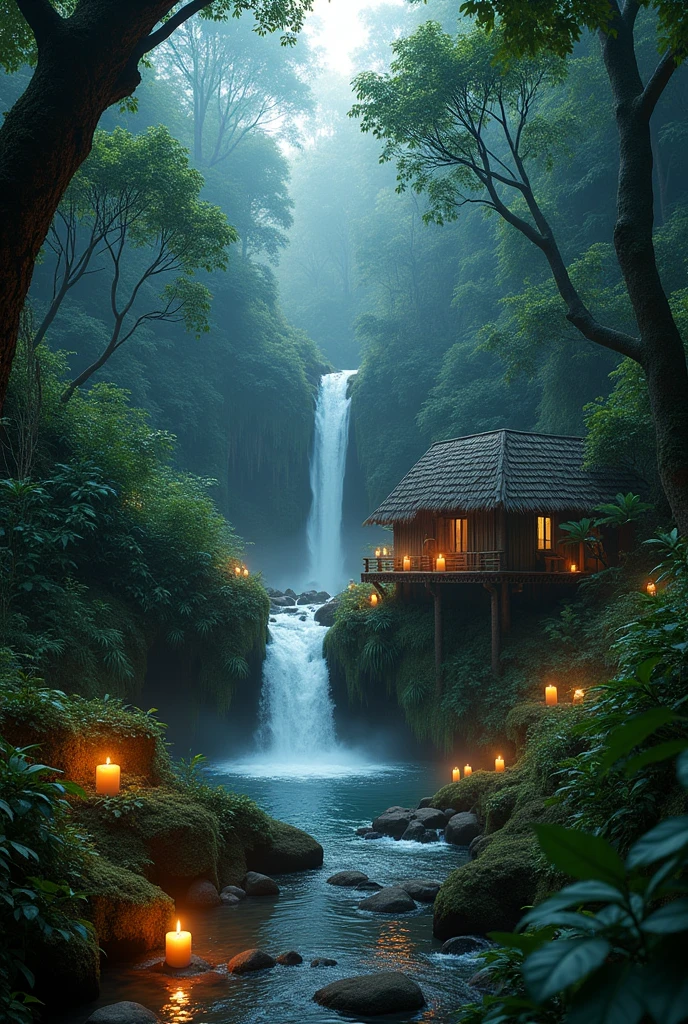 WATERFALL THAT FLOWS IN THE DEEP JUNGLES OF THE AMAZON SURROUNDED BY ...