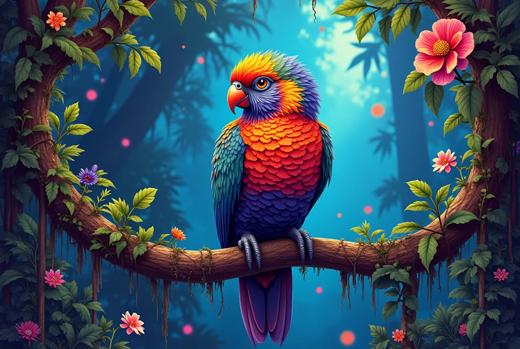 colorful bird standing on a branch in the jungle, An elaborate painting ...