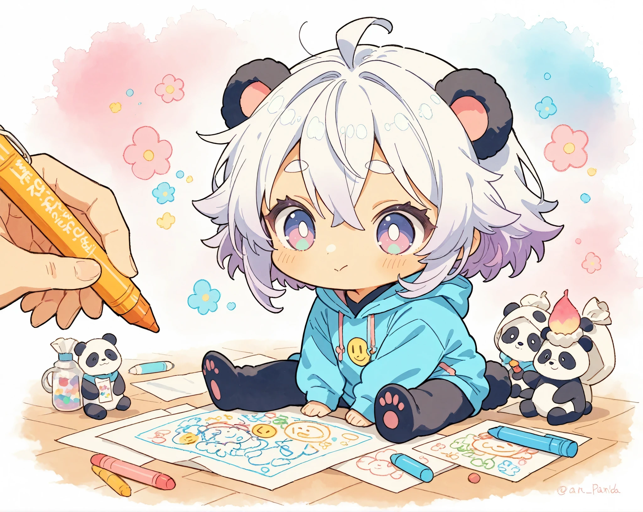 Anime character drawing a picture of a panda bear and a girl - SeaArt AI