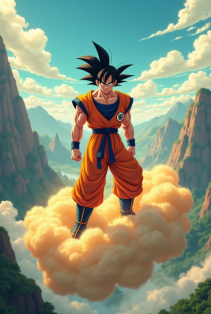 DragonBall style wallpaper GOKU riding a cloud standing on it - SeaArt AI