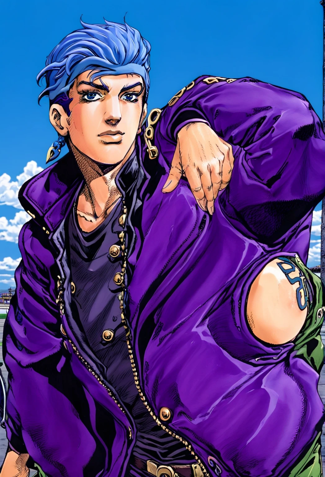 best quality , close , Josuke Higashikata with blue hair in purple ...