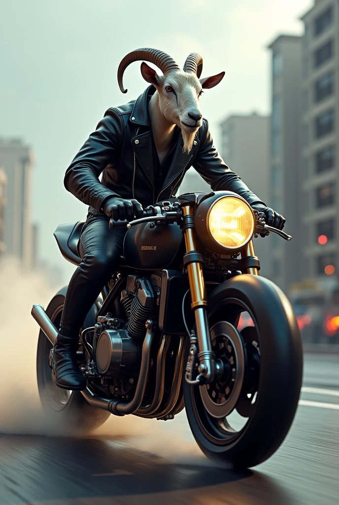 I want an animal goat on a racing bike with a black leather coat ...