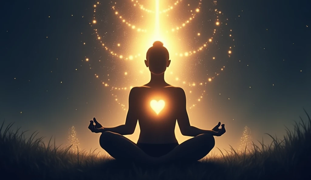 a silhouette of a meditating person , with the heart or head radiating ...