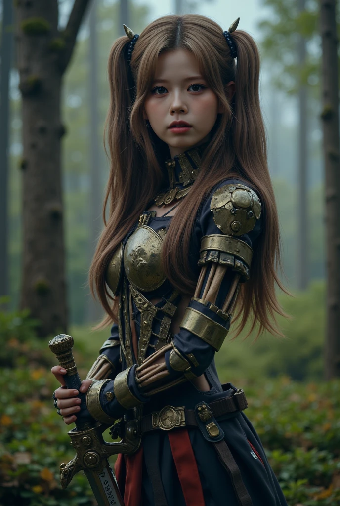 In a dimly lit, mist-shrouded forest, a lone skeleton punk girl stands ...