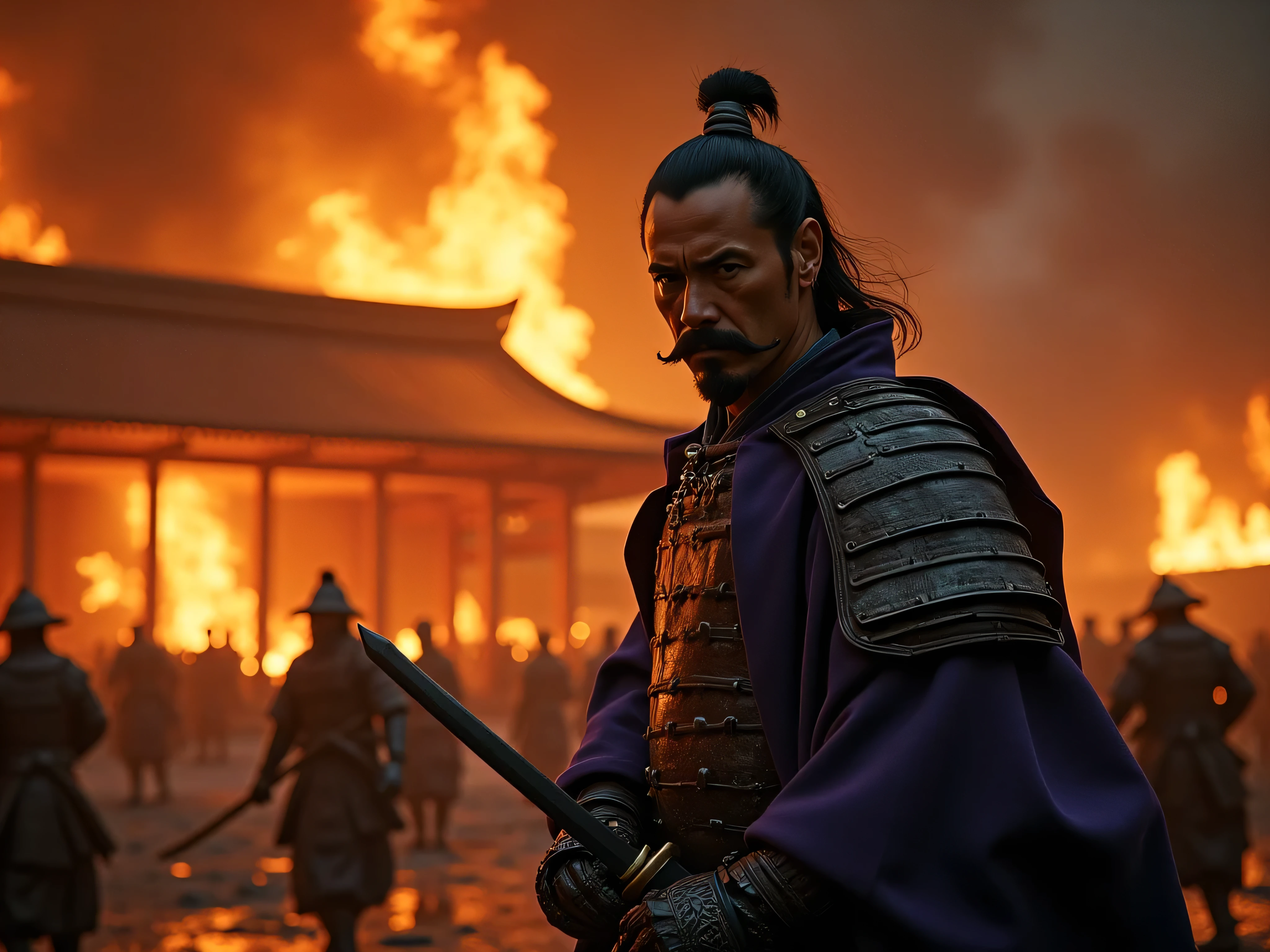 There is a man in a purple outfit holding a sword - SeaArt AI