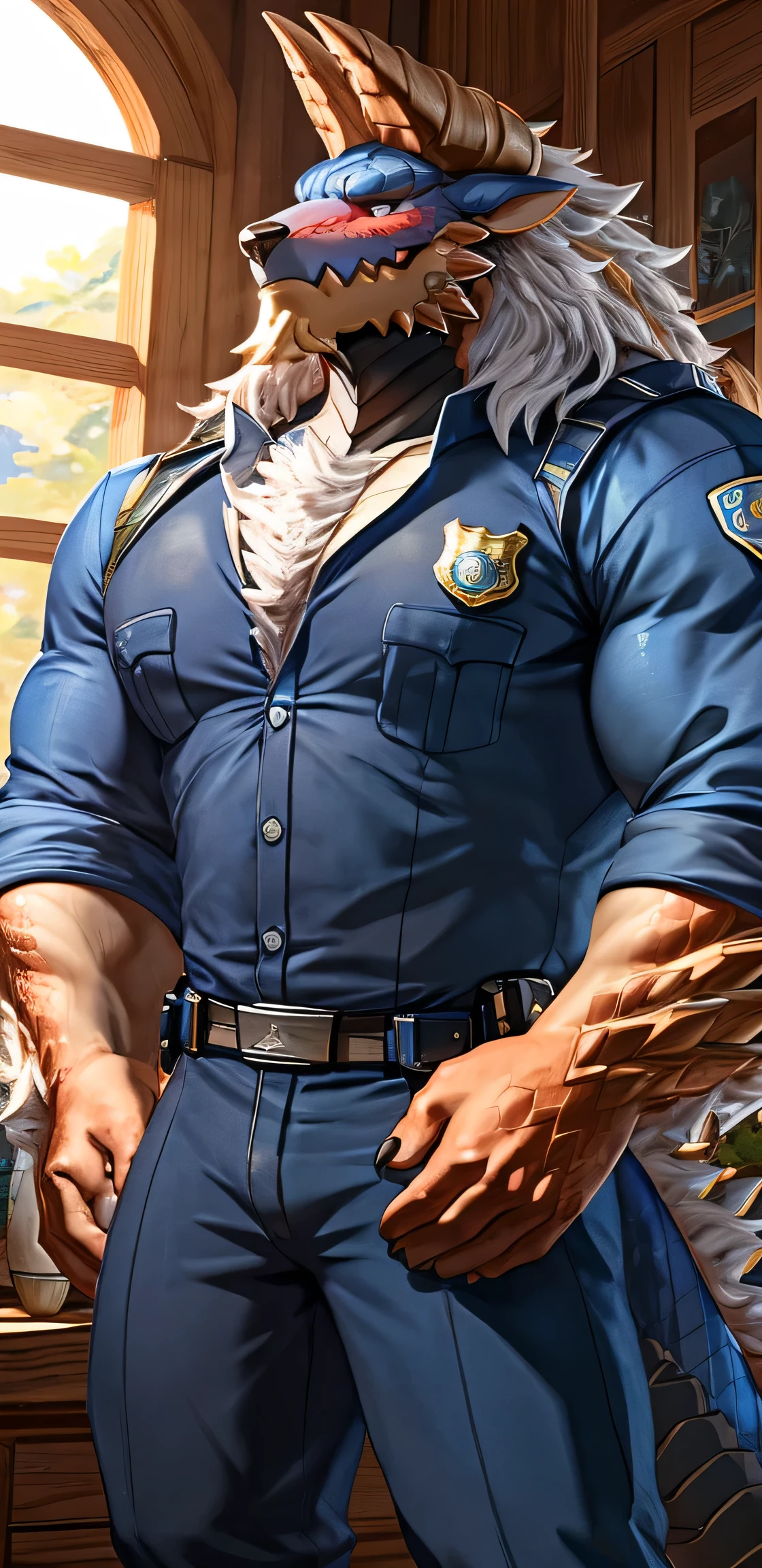 Anime character dressed in blue uniform standing in front of a window ...