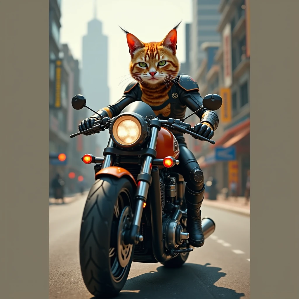Hero Cat rides a motorcycle with complete weaponry following Paidi logo ...