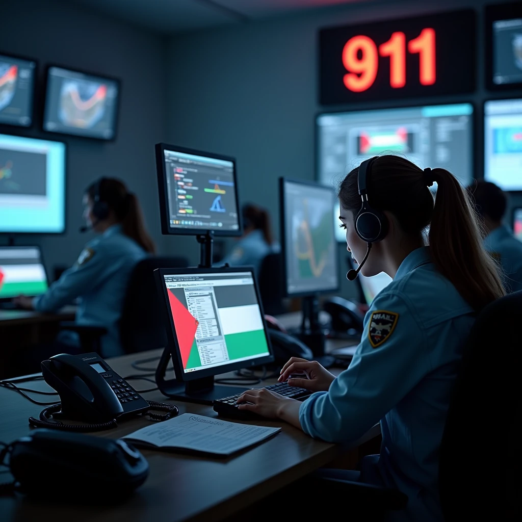 Create an image of an Emergency Response Center featuring people ...