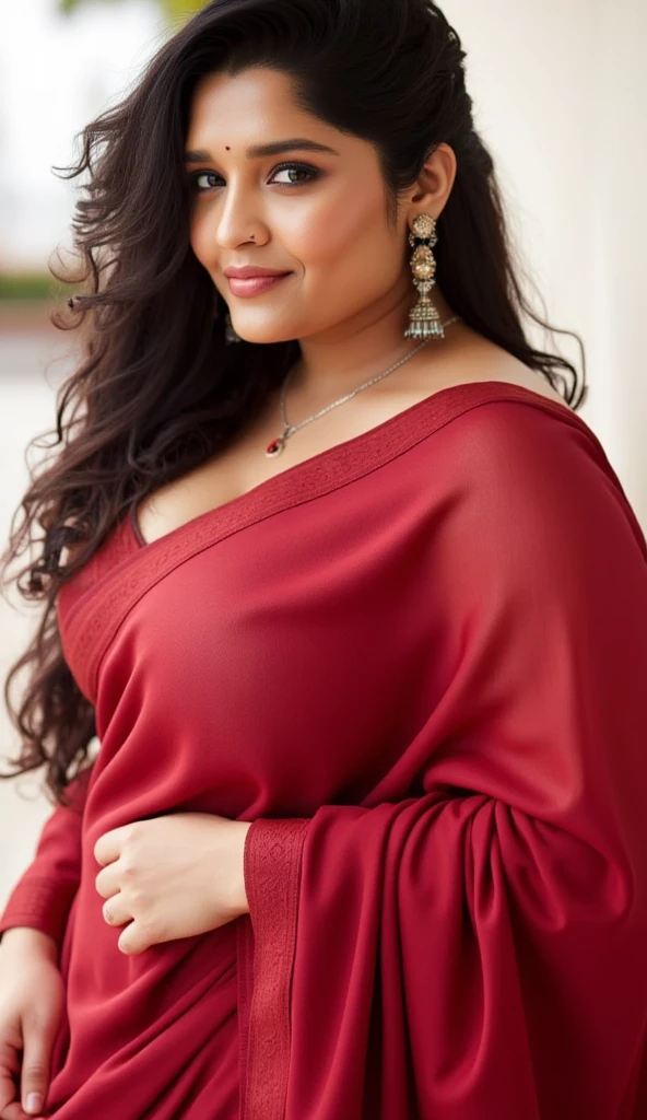 a close up of a woman in a red sari posing for a picture, a picture by Daryush - SeaArt AI