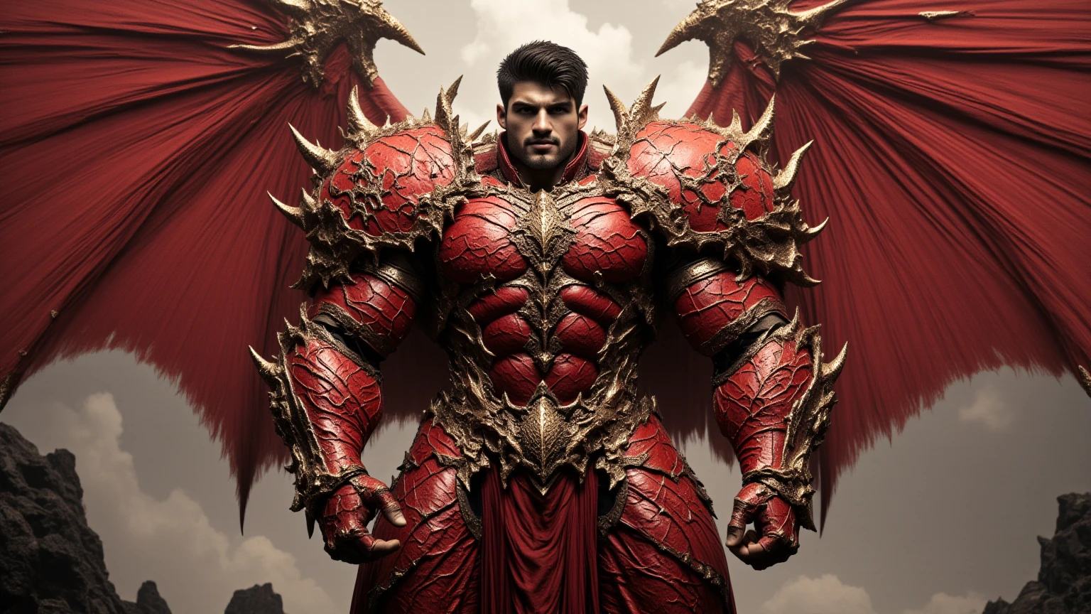 A young man wearing red dragon armor with wings and golden touches on ...