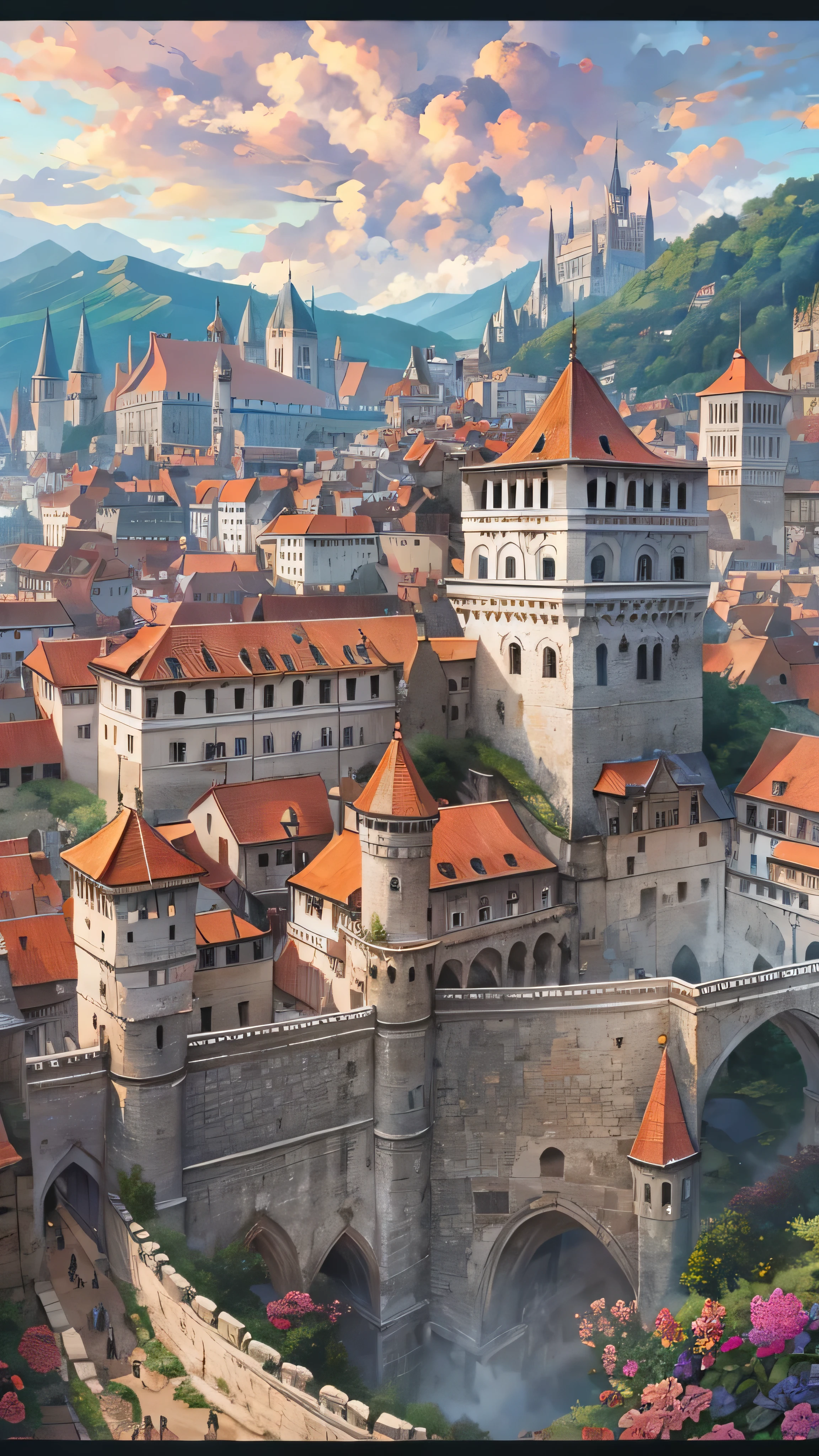 There is a painting of a castle with a bridge and a castle in the ...