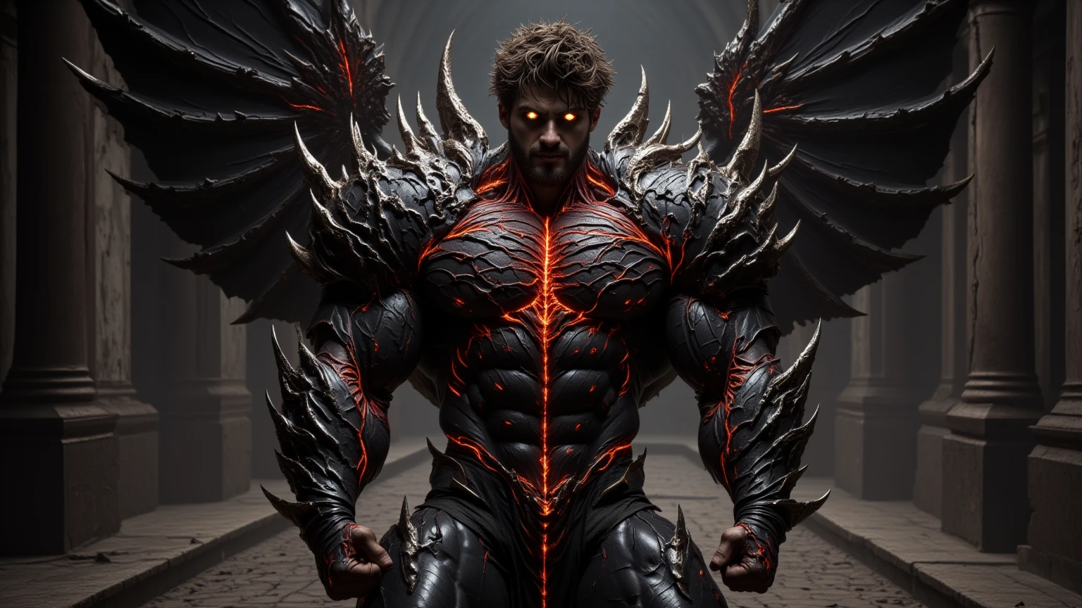 A hyper-realistic, three-quarter body portrait of a dark, powerful male ...