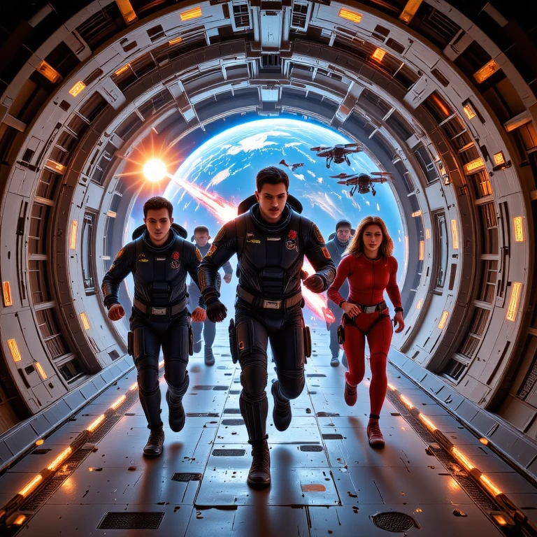 A group of young people, three men and two women, running in a space ...