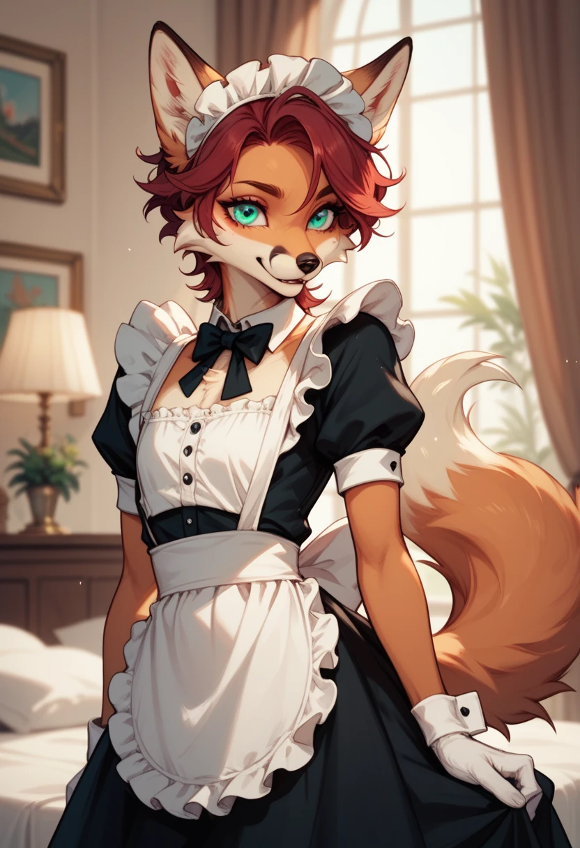 Furry boy fox cute burgundy hair turquoise eyes in skinny maid suit ...