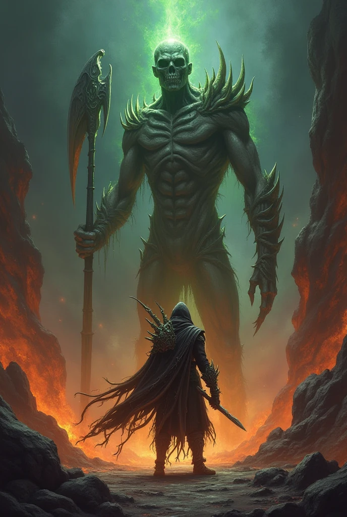 Warcraft undead rogue stand in front off boss in fire lands - SeaArt AI