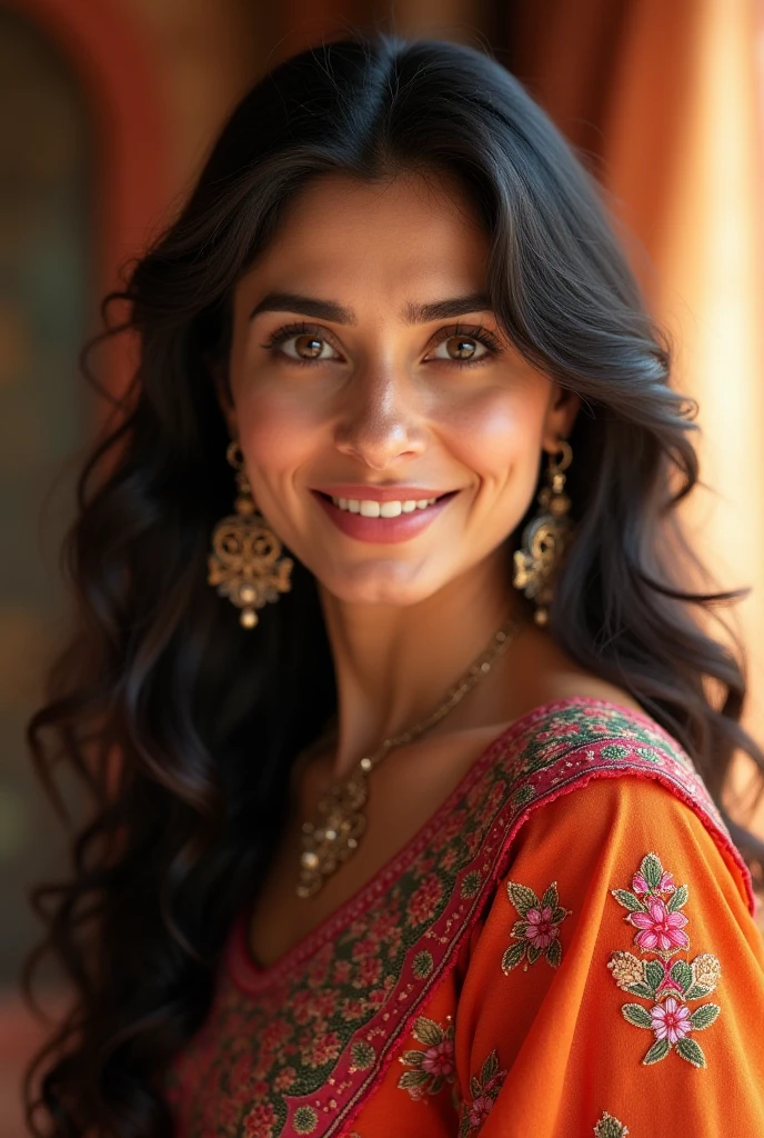 Generate an image of a pakistani women in her 40s with fair skin ...