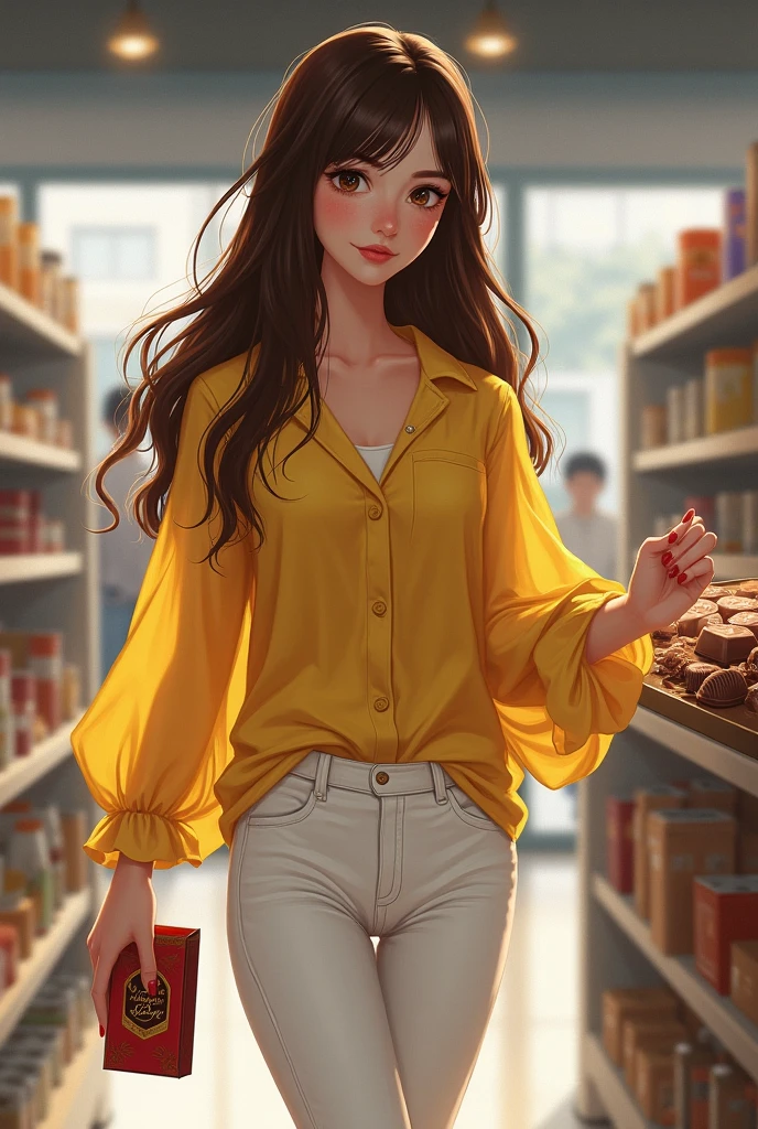 girl, you brunette , yellow blouse white pants enter a store and steal ...