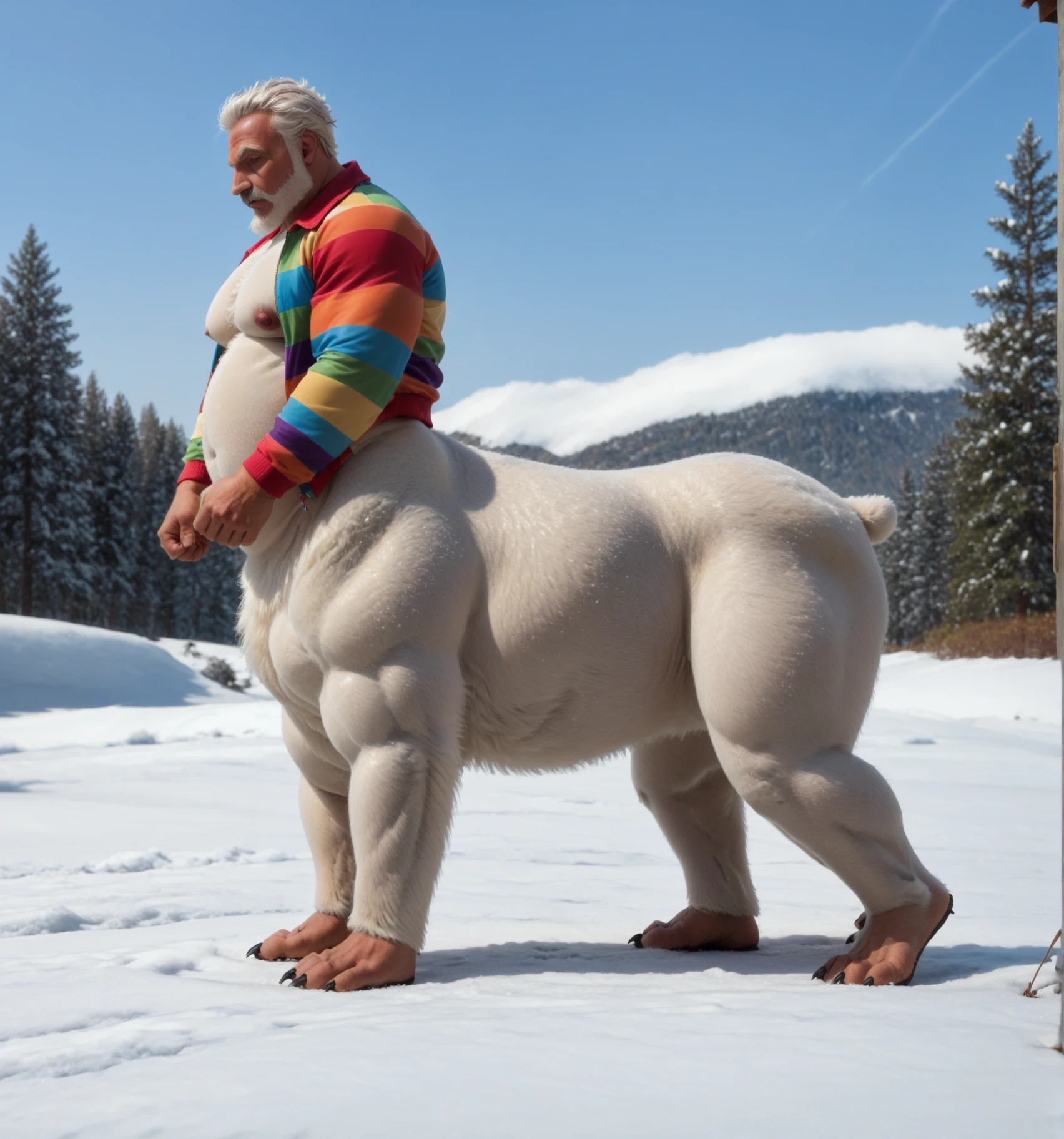 Furry, huge fur taur,huge white beartaur, solo, 1man, Realistic style ...