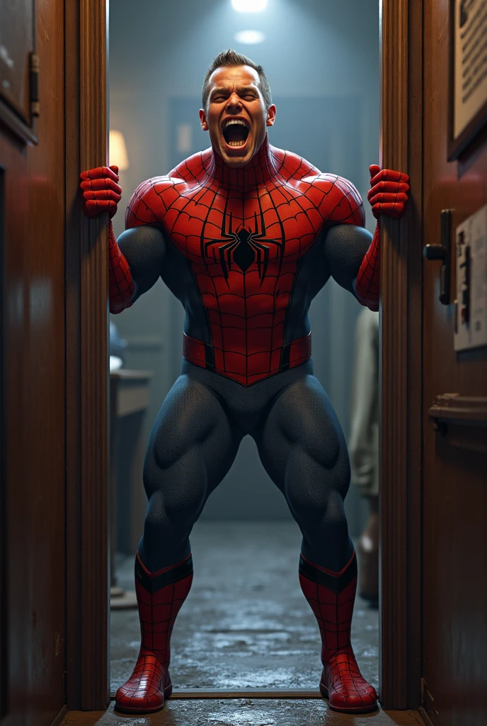 Ek realistic image create Karo muscular spider man darwaja ko lipat ke ...